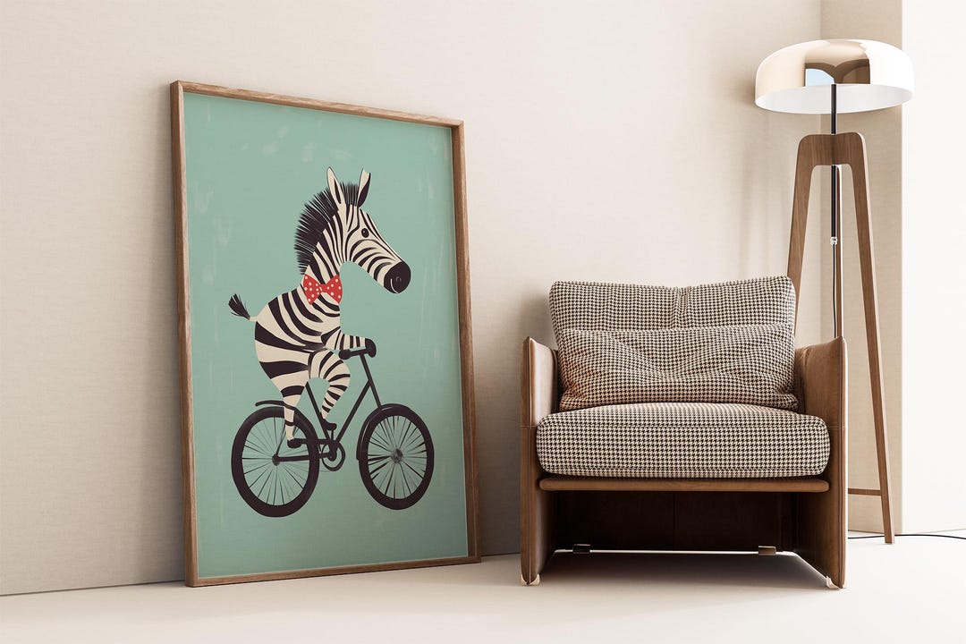 Zebra on Bike Wall Art, Animal Cycling Illustration, Whimsical Nursery ...
