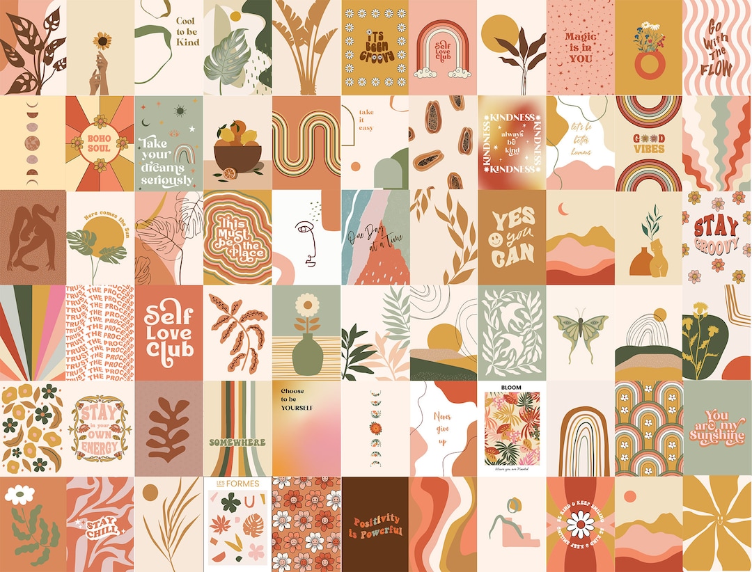 100 Orange Pink Boho Wall Collage Kit, Eclectic Groovy Decor, Retro ...