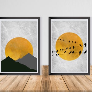 Set of 2 Sun Print,sunset Bird Flock Printable Wall Art,abstract Art ...