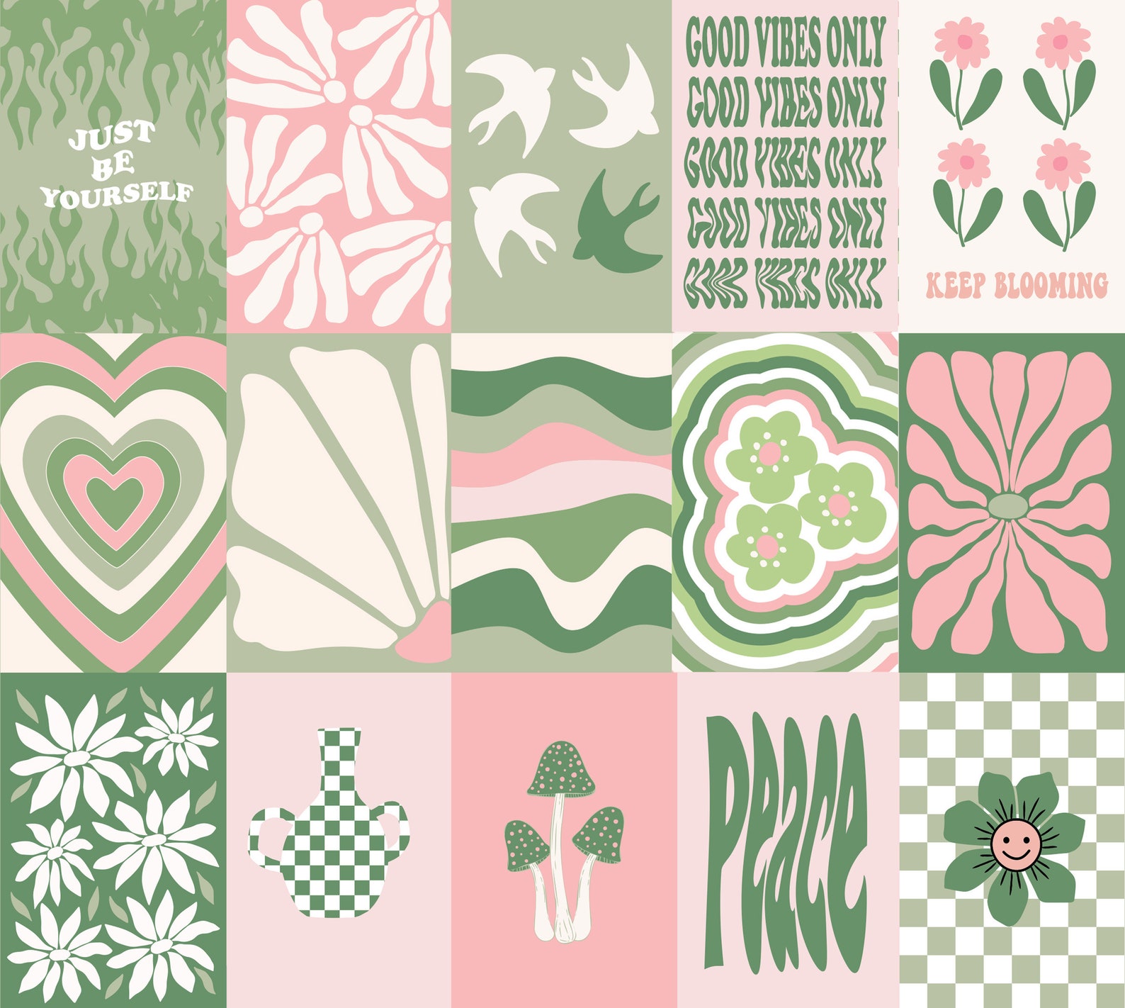 Sage Green and Pink Wall Collage Kit, 60 Danish Pastel Prints, Pink ...