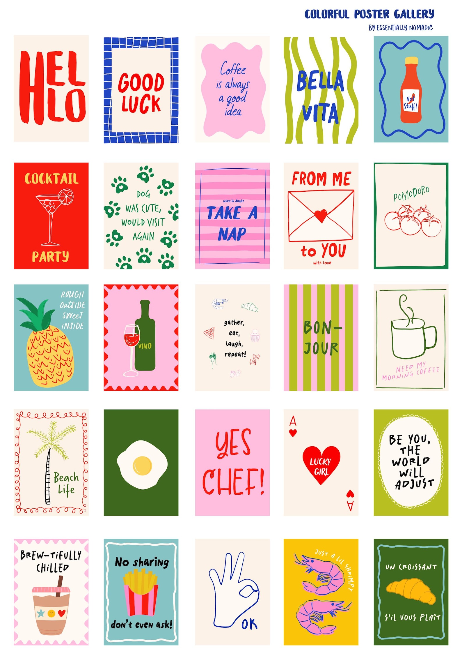 100 Funky Colorful Prints Bundle, Eclectic Food Prints Kitchen Decor ...