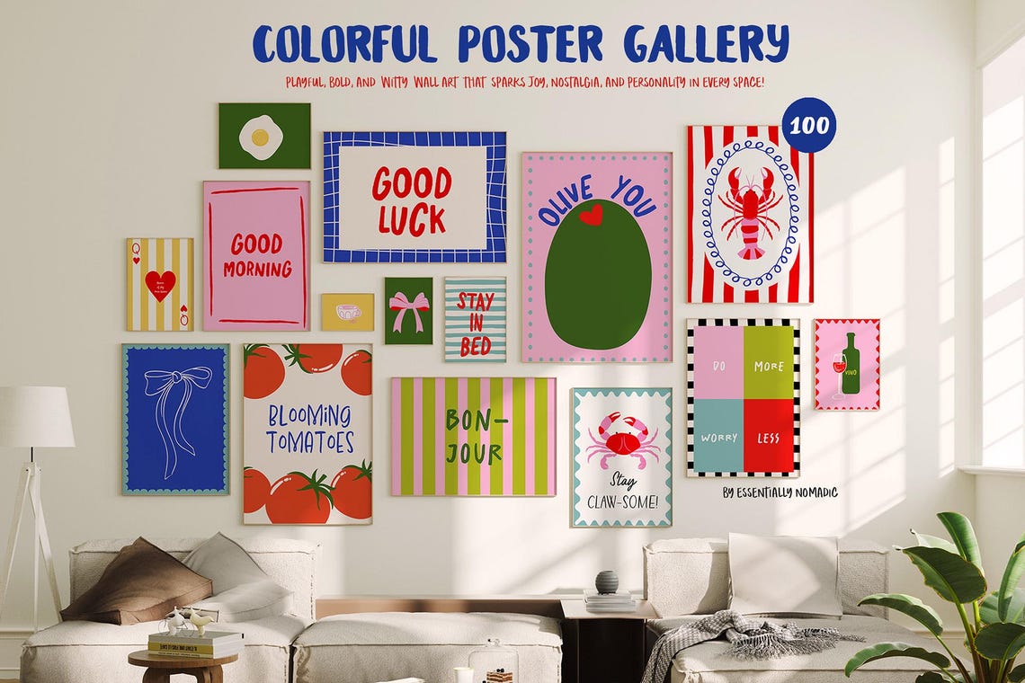 100 Funky Colorful Prints Bundle, Eclectic Food Prints Kitchen Decor ...