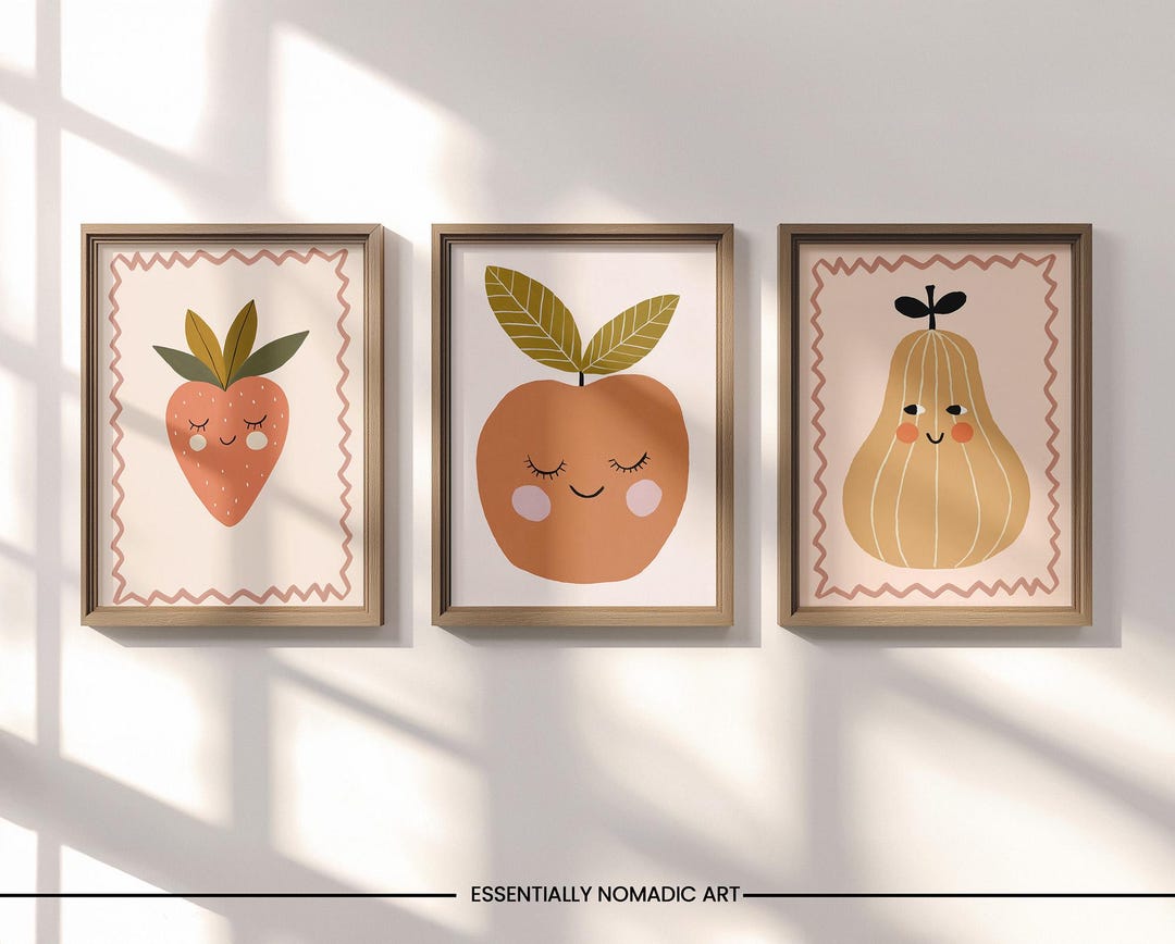 Happy Fruit Nursery Wall Art Set of 3 – Strawberry, Apple & Pear ...