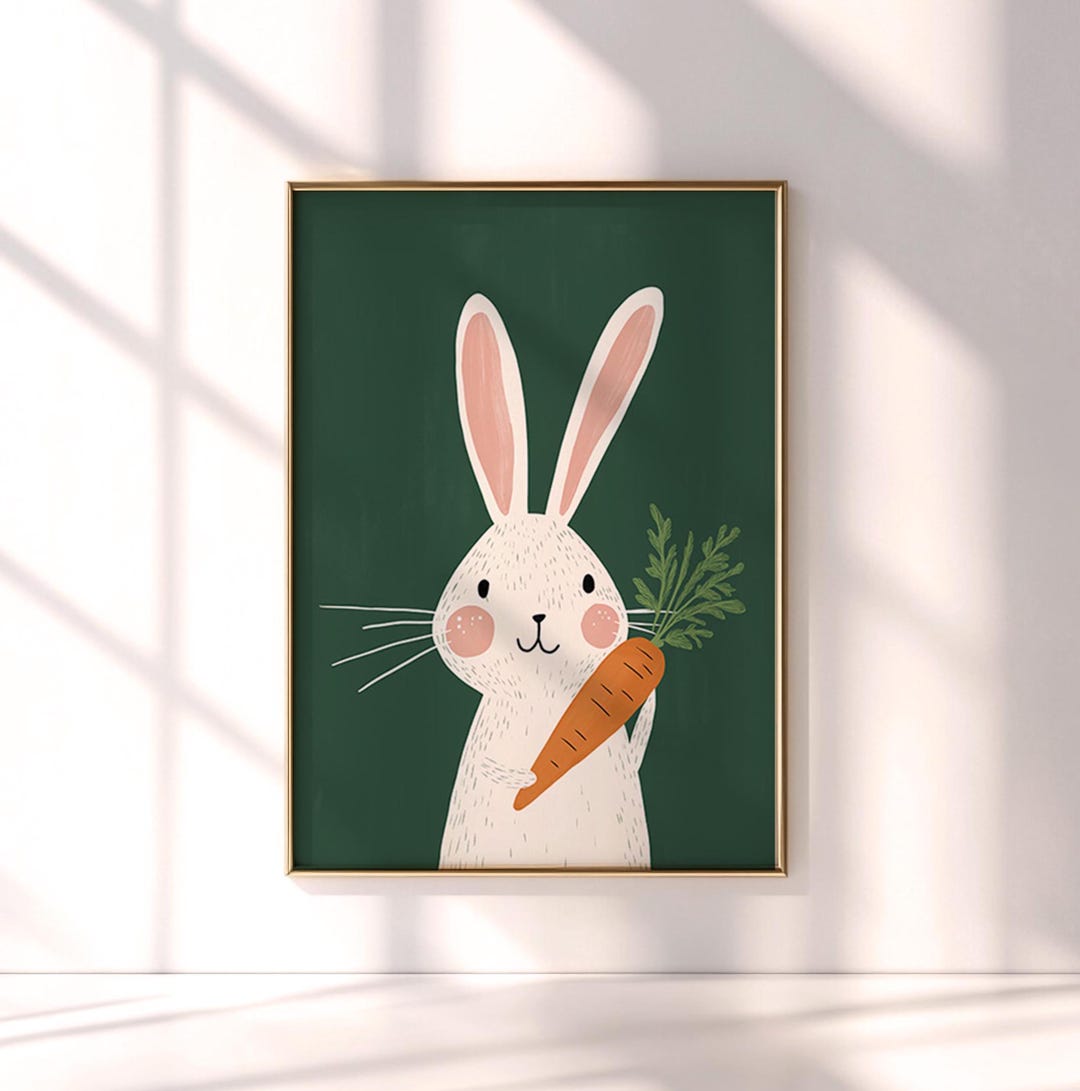 Cute White Rabbit Nursery Wall Art, Bunny With Carrot Kids Room Poster ...