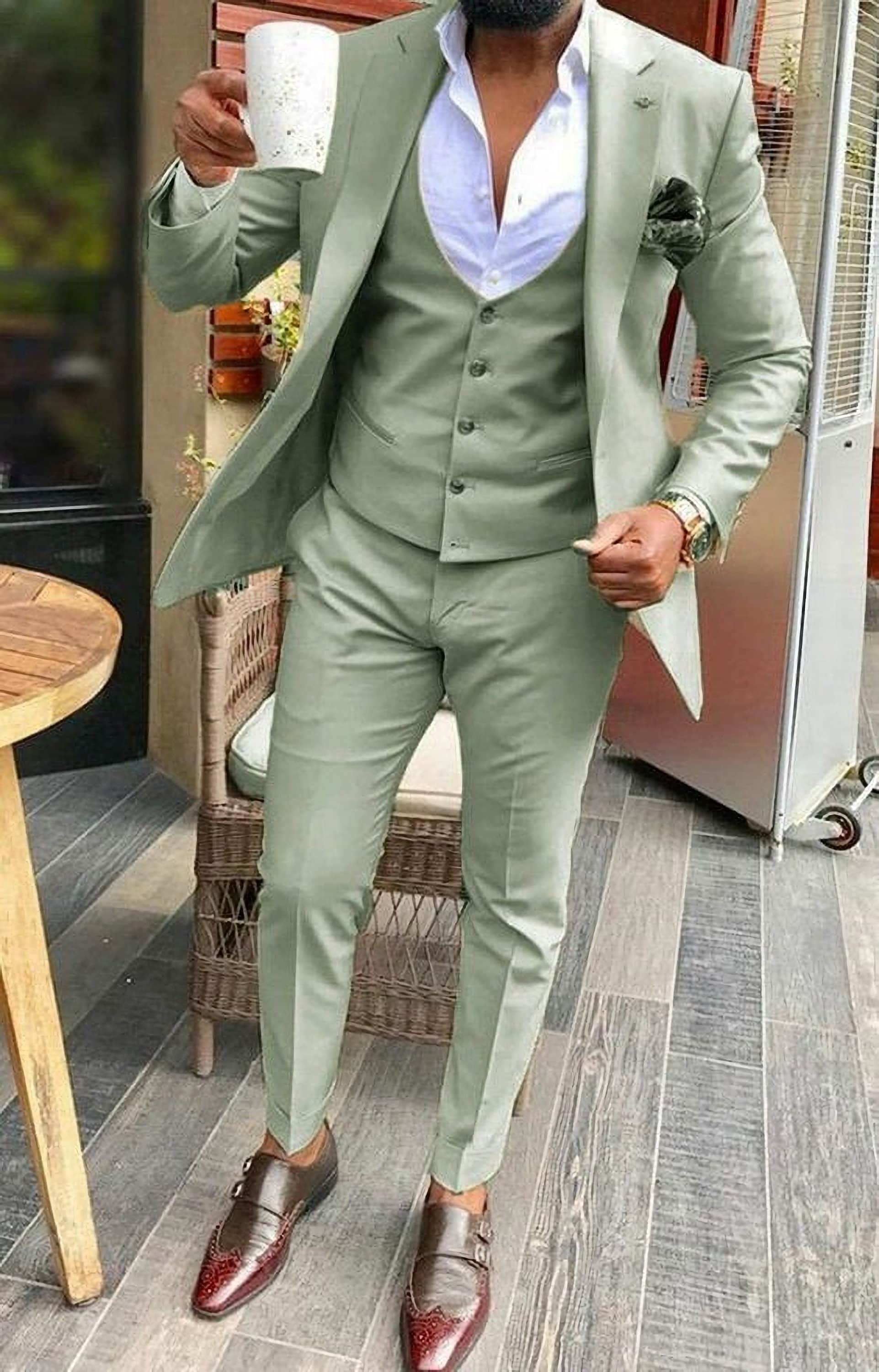 Men Suit Light Green 3 Piece Wedding Dinner Prom Party Slim Fit