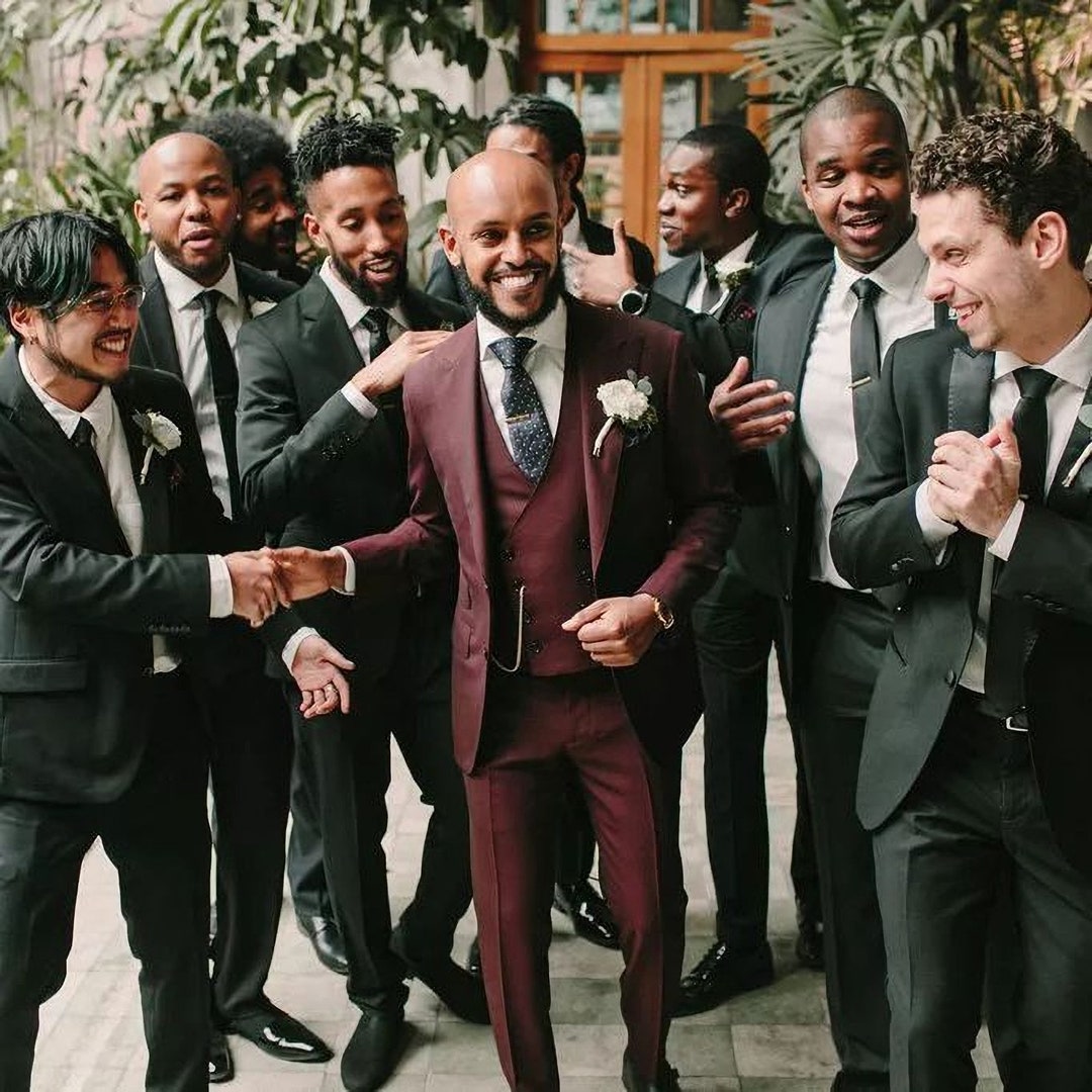Men Suits Burgundy 3 Piece Groom Wear Wedding Suit Slim Fit Etsy
