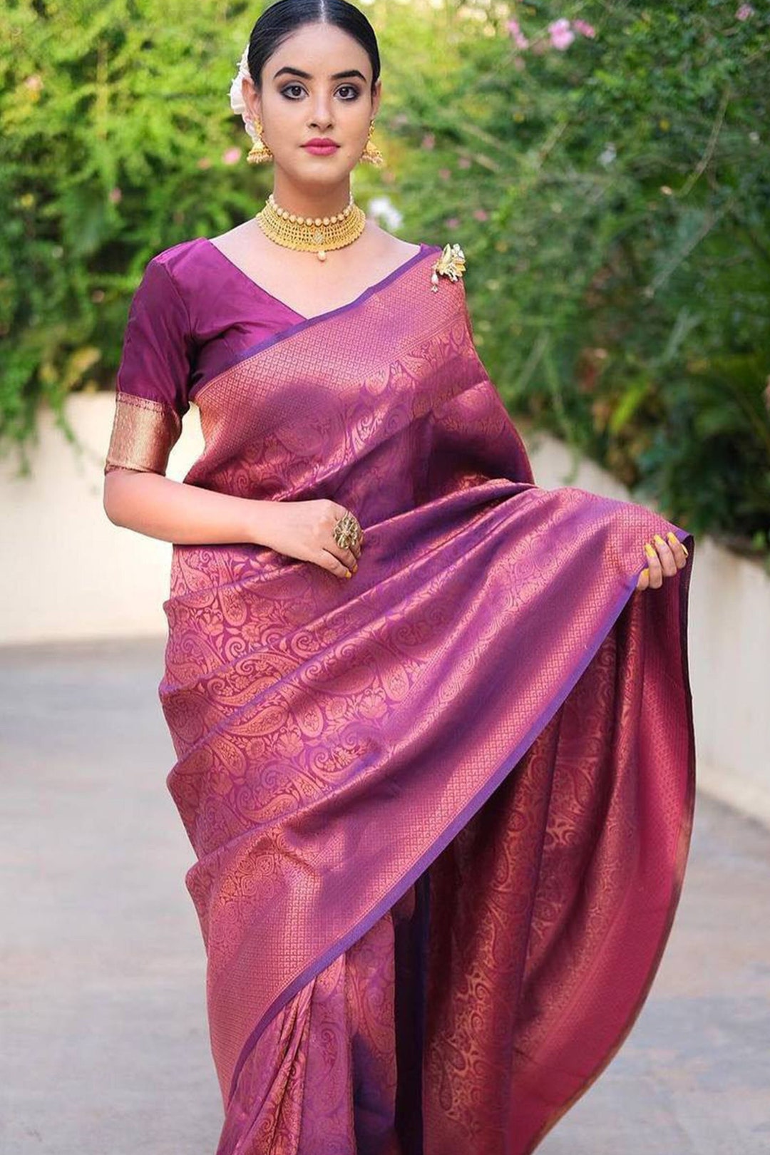 Purple Color Saree With Blouse Heavy Brocade Work Semi Banarasi Silk ...