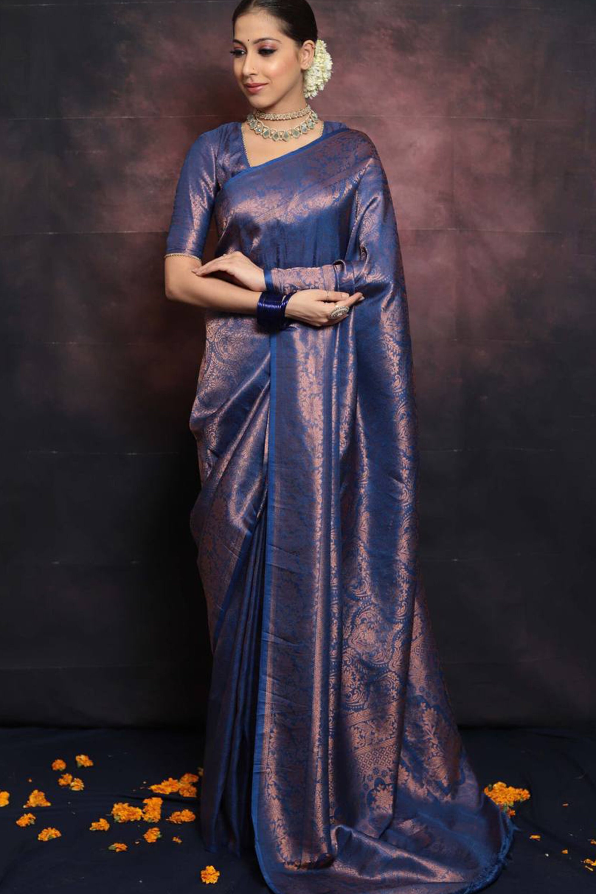 Navy Blue Color Saree With Blouse Piece Semi Silk Banarasi Silk Saree ...