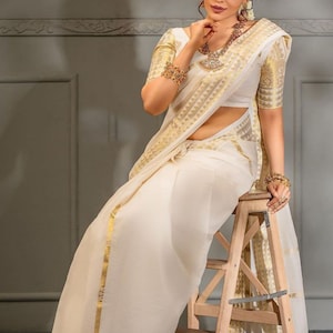 Off White Color Saree With Blouse Piece, Cotton Silk Saree for Women ...