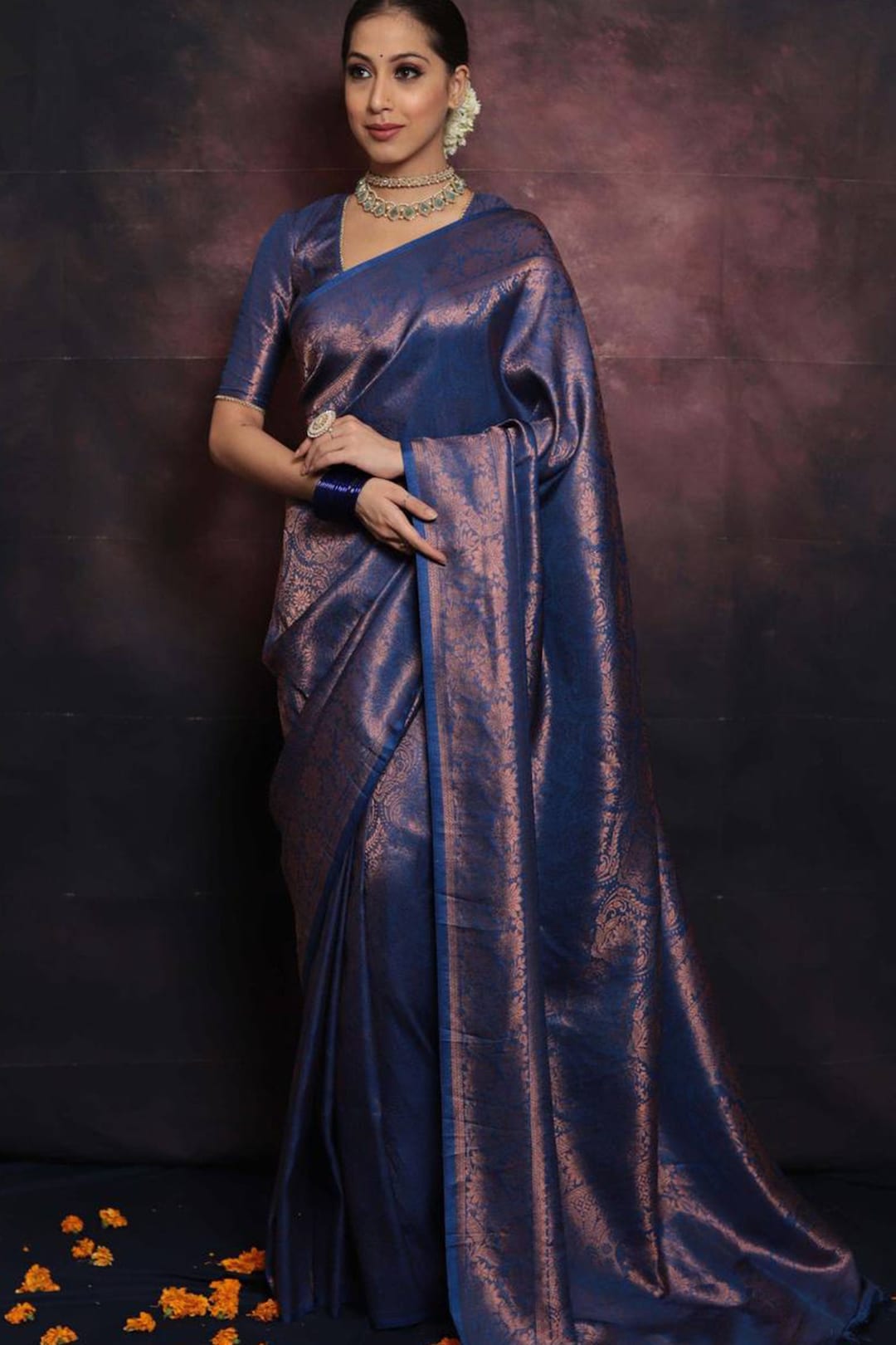 Navy Blue Color Saree With Blouse Piece Semi Silk Banarasi Silk Saree ...