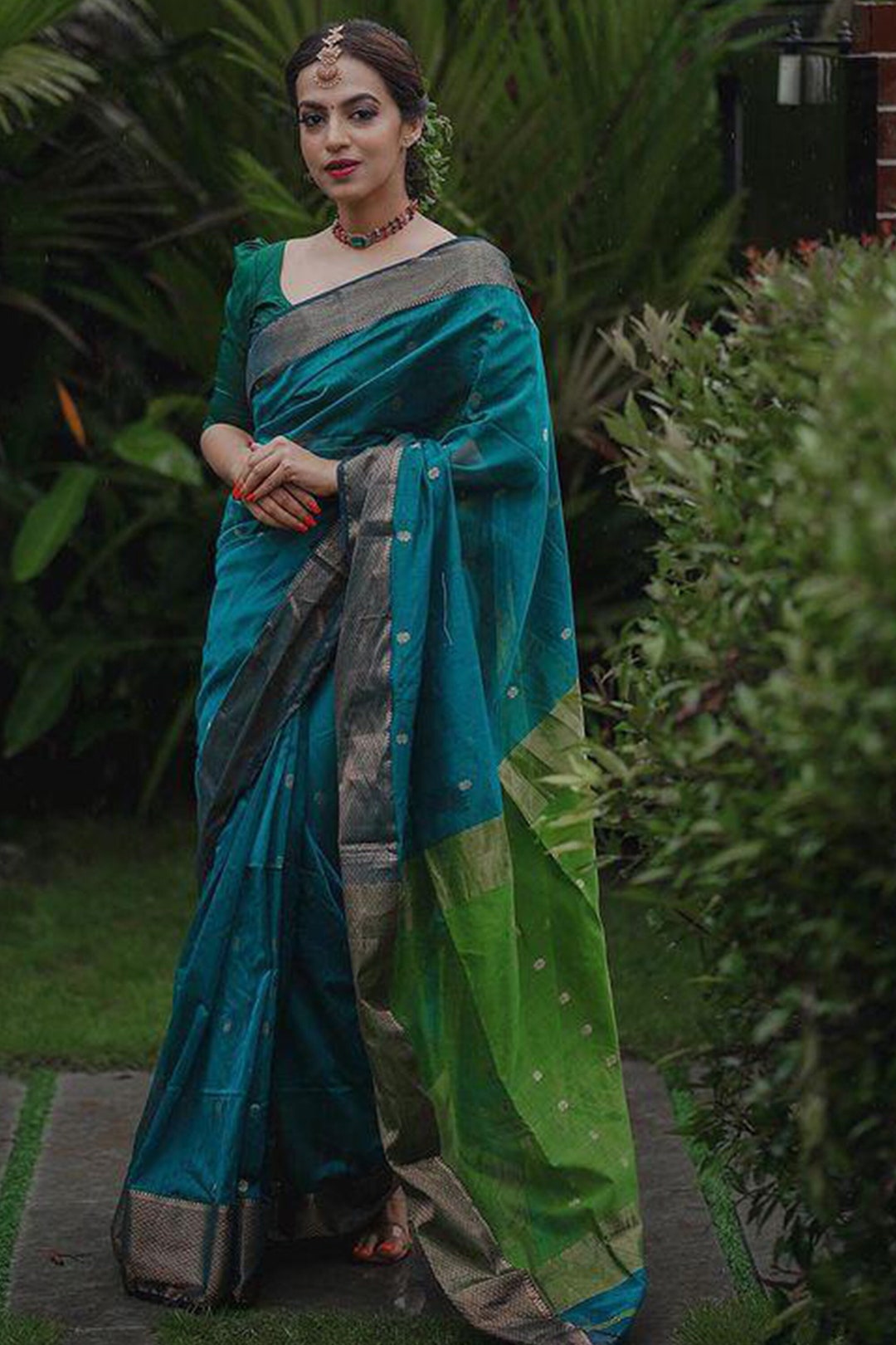 Rama Color Silk Saree With Brocade Blouse Indian Saree for Women's ...