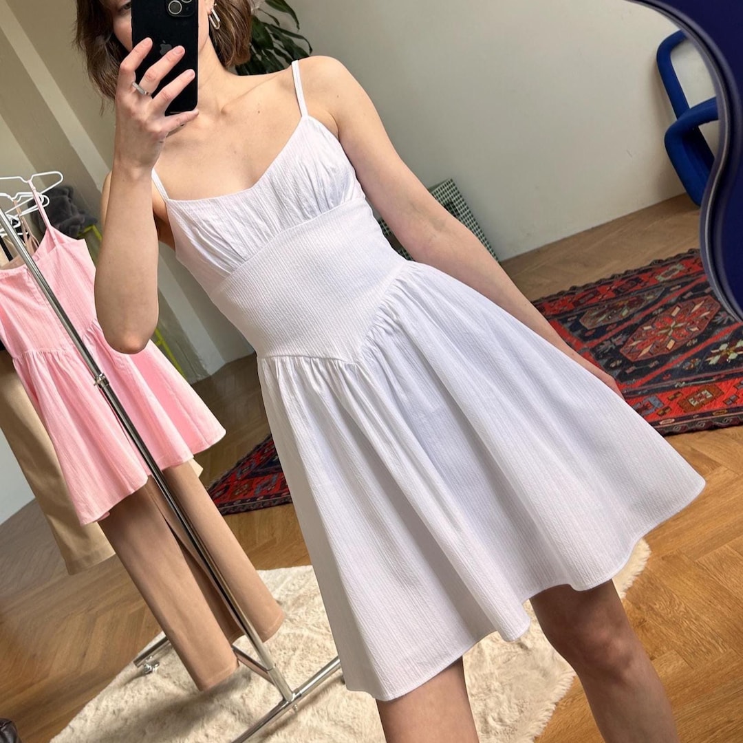White Embroidered Basque Waist Mini Dress, Summer Cotton Flared ...