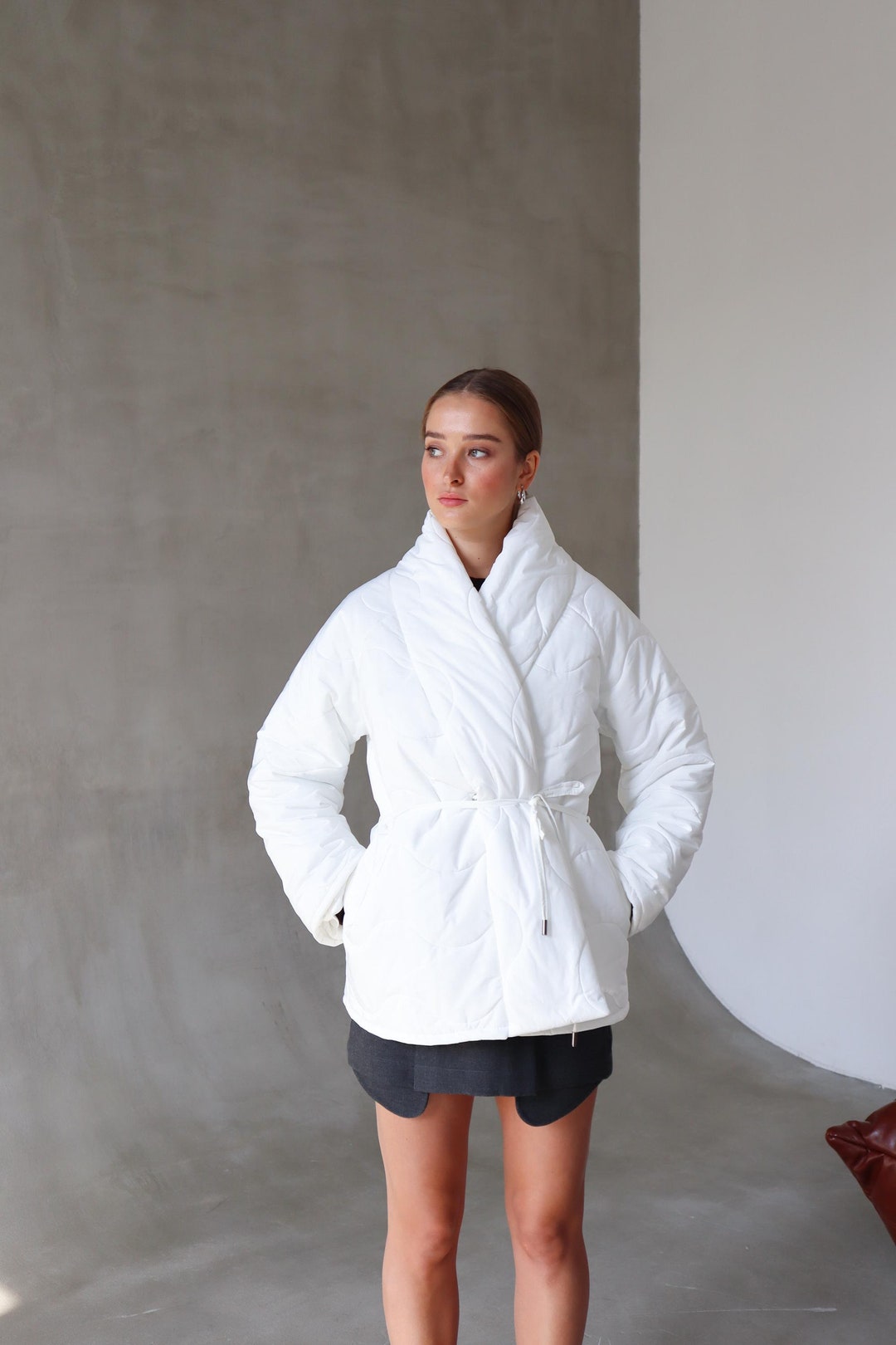 White Quilted Jacket Kimono Jacket Winter Puffer Coat Down Jacket Wrap ...