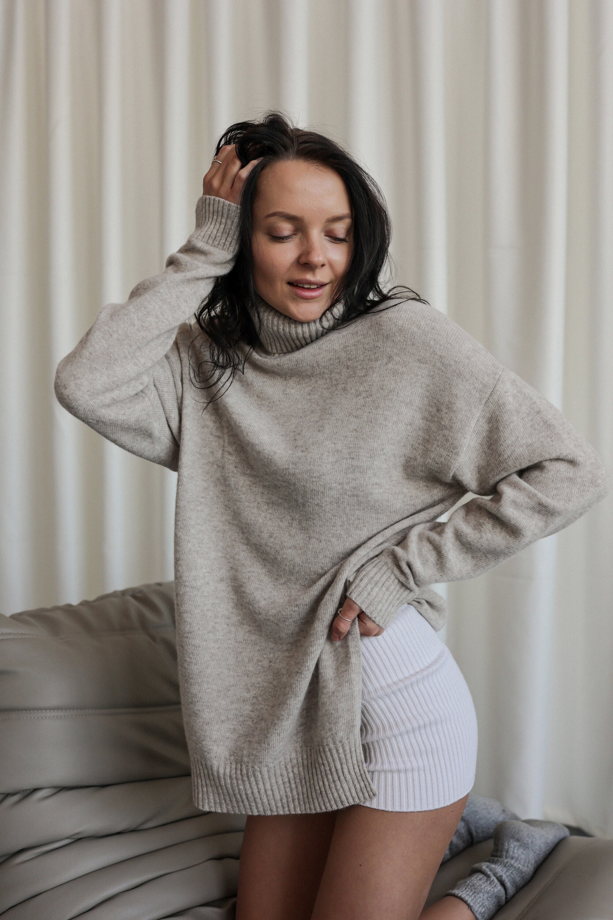 Women Wool Sweater With Side Slits Beige Turtleneck Sweater - Etsy