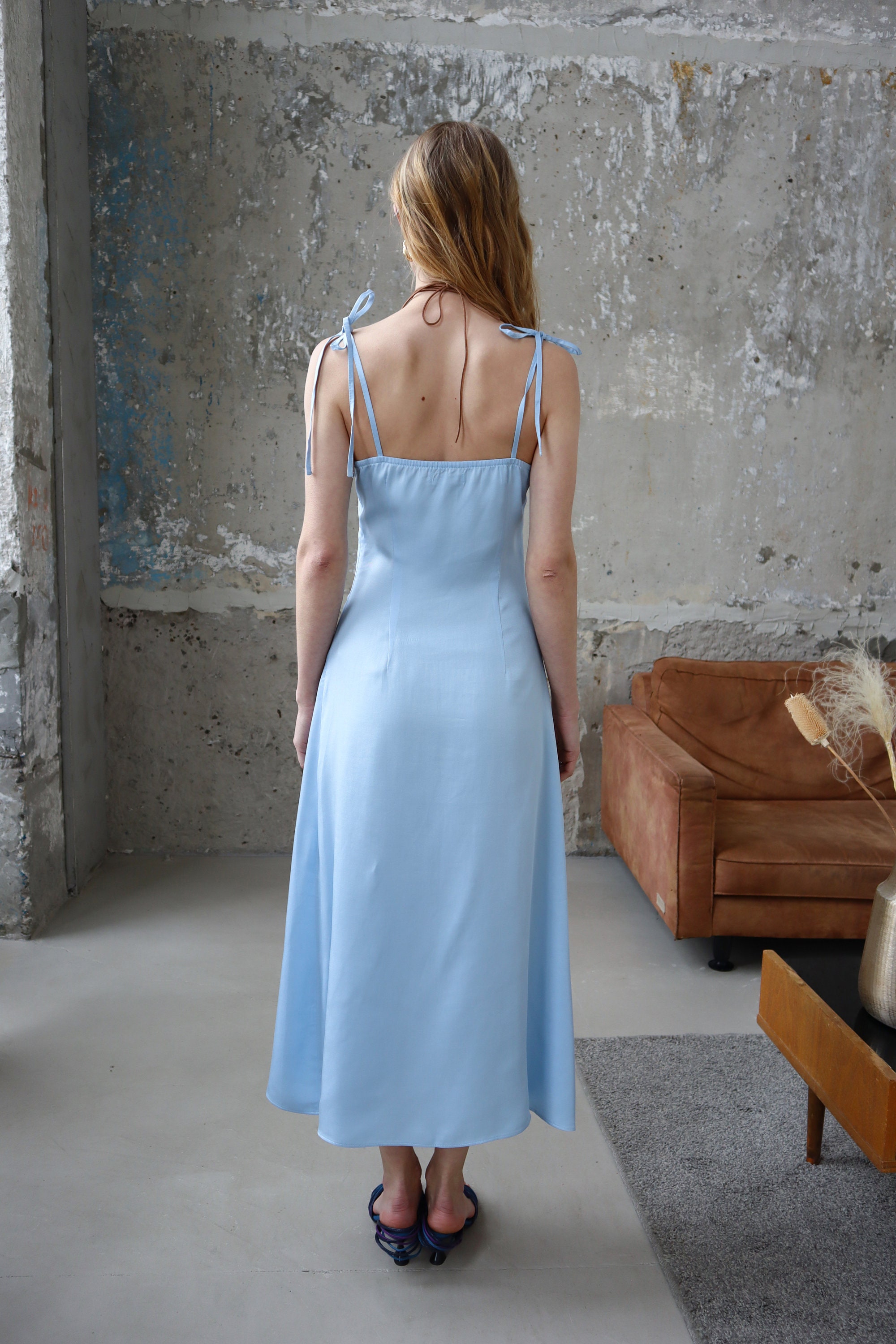 Sky Blue Slip Midi Dress High Quality Cutout Tencel Dress Liocel A-line ...