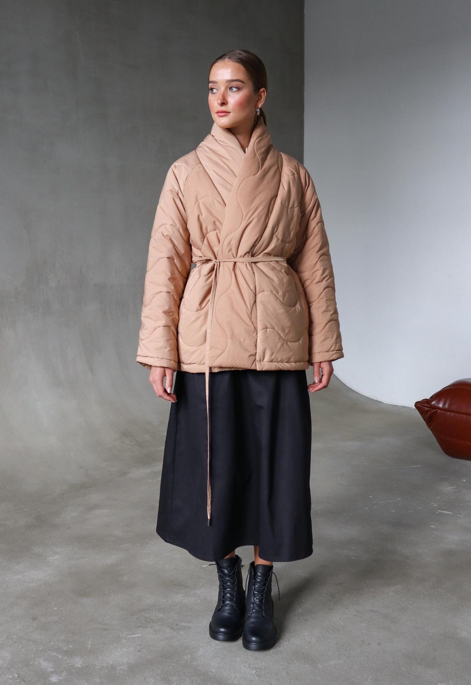 Black Quilted Jacket Kimono Jacket Winter Puffer Coat Down Jacket Wrap ...