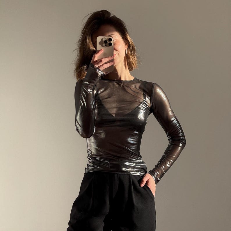 Silver Mesh Long Sleeve Top - Black Sheer Glitter Shirt, Elegant ...