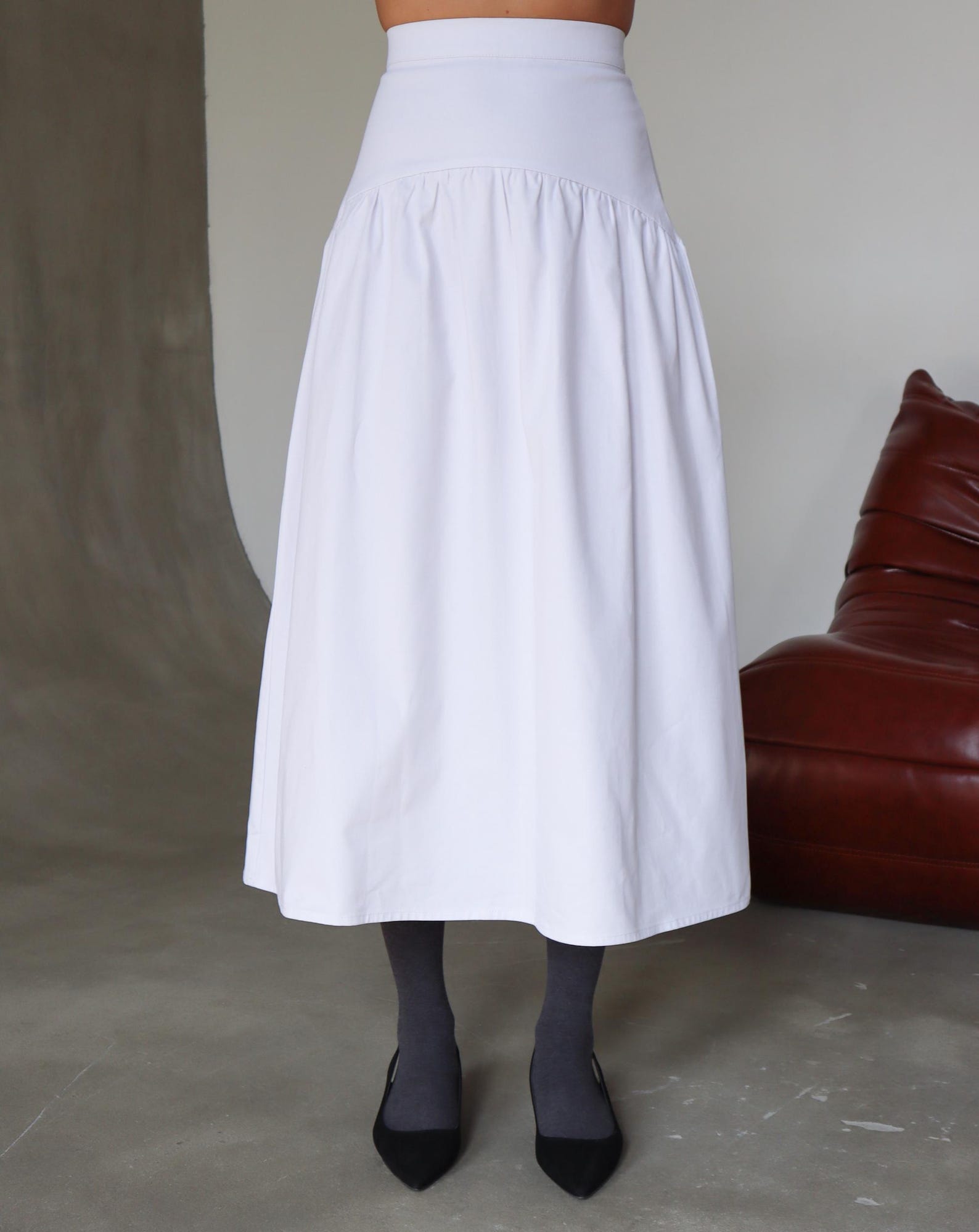 White Cotton Midi Drop Waist Skirt: Victorian High Waisted Basque A ...