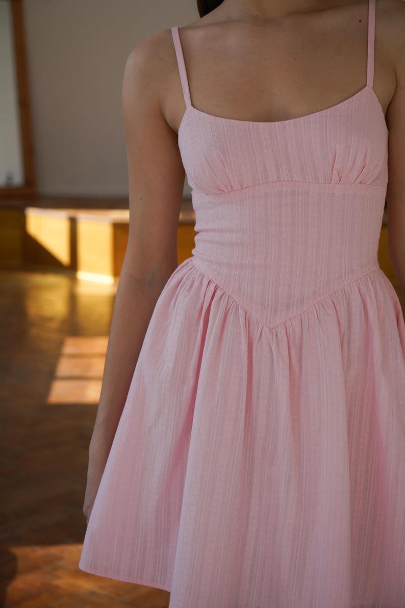 Pink Embroidered Cotton Mini Dress, Basque Waist Dress Fit and Flare ...