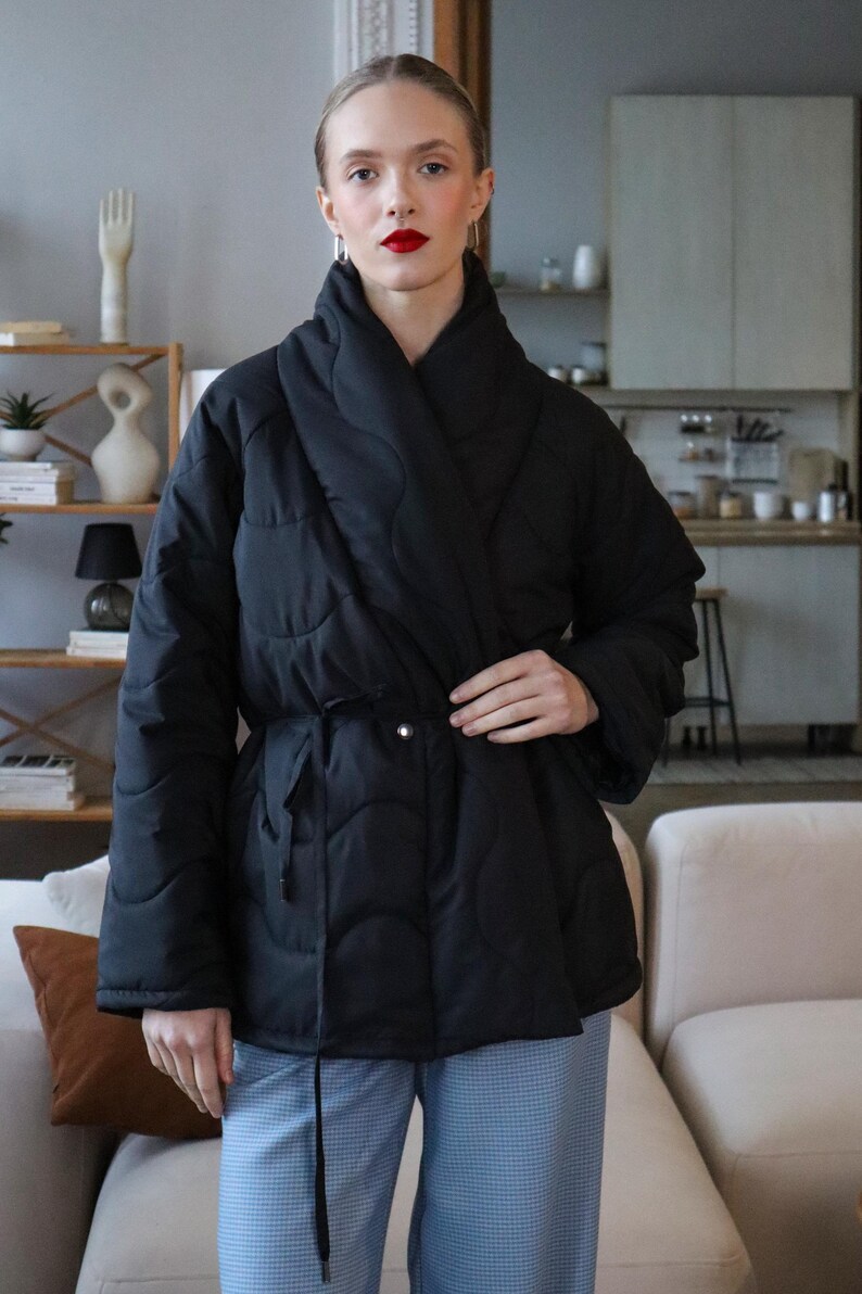 Black Quilted Jacket Kimono Jacket Winter Puffer Coat Down Jacket Wrap ...