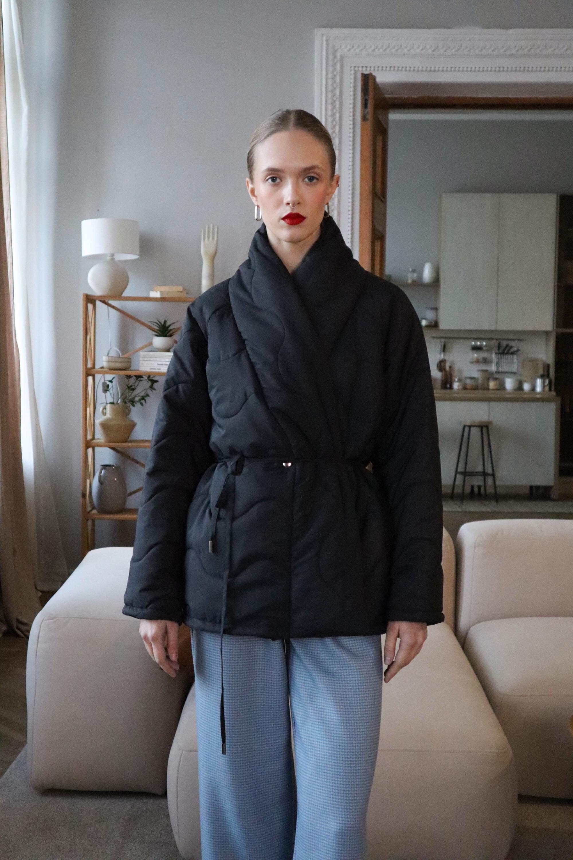 Black Quilted Jacket Kimono Jacket Winter Puffer Coat Down Jacket Wrap ...