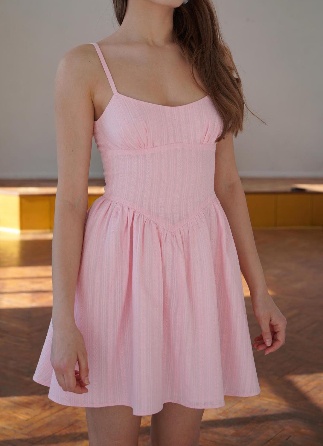 Pink Embroidered Cotton Mini Dress: Basque Waist Flared Sundress - Etsy