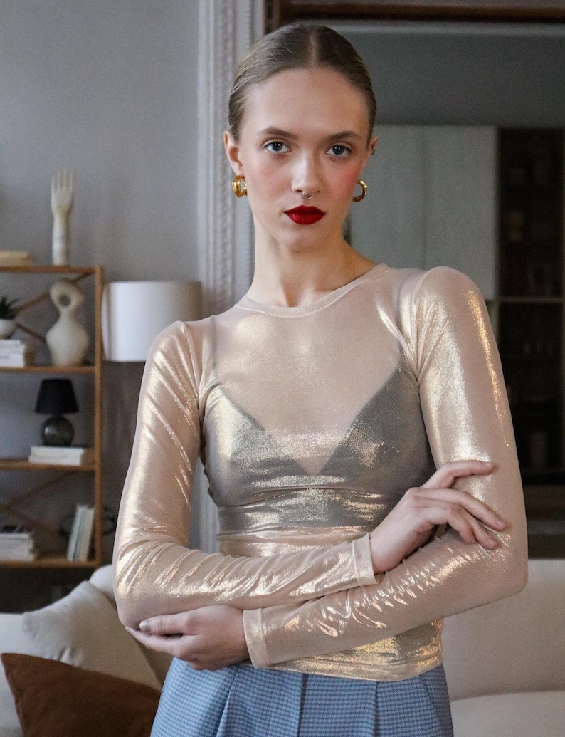 Gold Mesh Long Sleeve Top - Sheer Glitter Shirt, Elegant Partywear ...