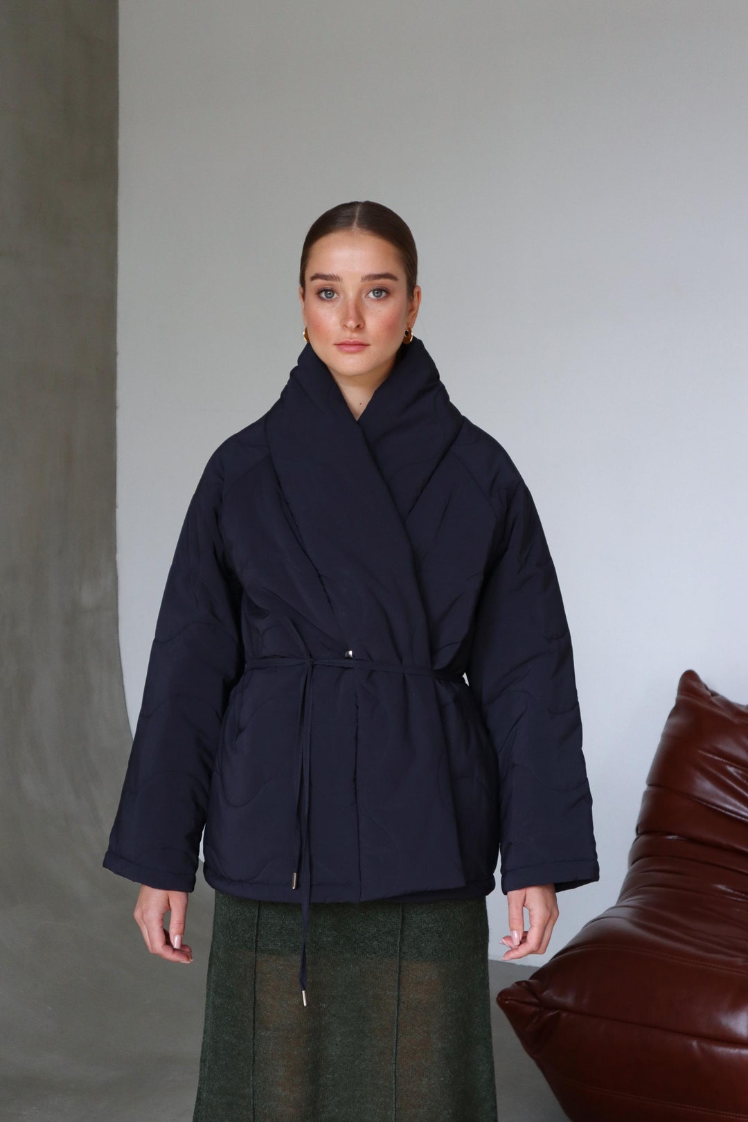 Navy Blue Quilted Jacket Kimono Jacket Winter Puffer Coat Down Jacket ...