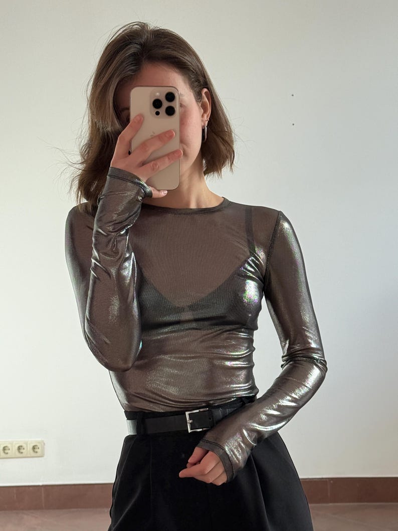 Silver Mesh Long Sleeve Top - Black Sheer Glitter Shirt, Elegant ...