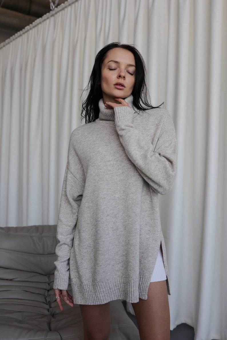 Women Wool Sweater With Side Slits Beige Turtleneck Sweater - Etsy