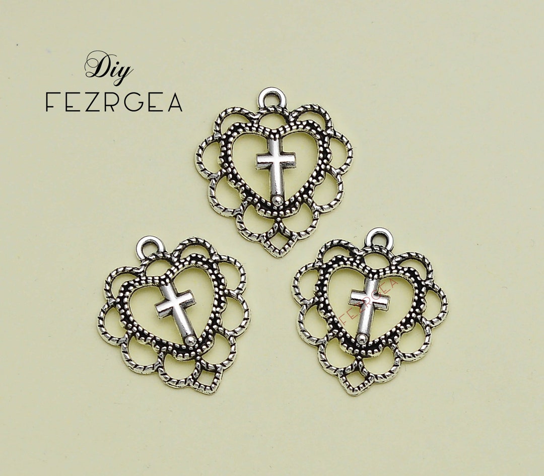 30pcs--22x20mm, Antique Silver Heart Cross Charms.open Heart Pendants ...