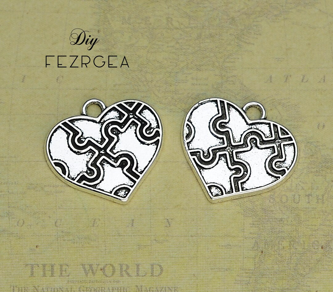 10PCS Antique Silver Heart Charms. Jigsaw Puzzle Heart Pendants. CM0004 ...