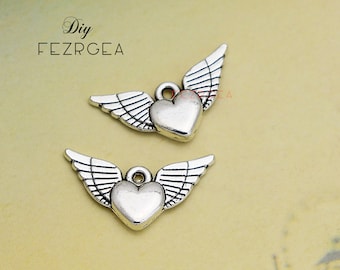 15pcs Winged Heart Charms 2 Sided Angel Wings Charms Antique Silver ...