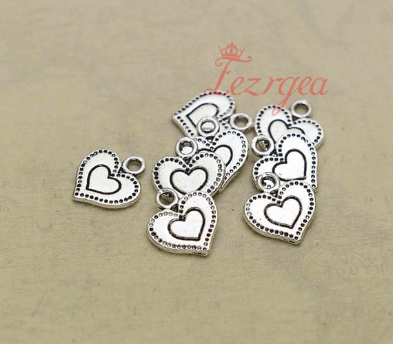 50PCS Antique Silver Heart Charms. Double Heart Pendants. - Etsy