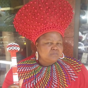 Rare 3-in-1 Woven RED Zulu Isicholo Hat With Gold Pearls, Necklace ...