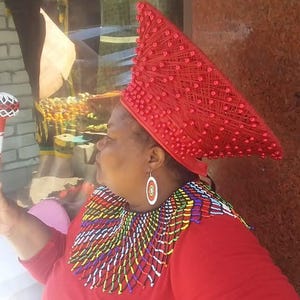 Rare 3-in-1 Woven RED Zulu Isicholo Hat With Gold Pearls, Necklace ...
