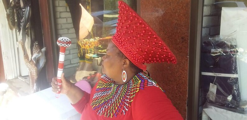 Rare 3-in-1 Woven RED Zulu Isicholo Hat With Gold Pearls, Necklace ...