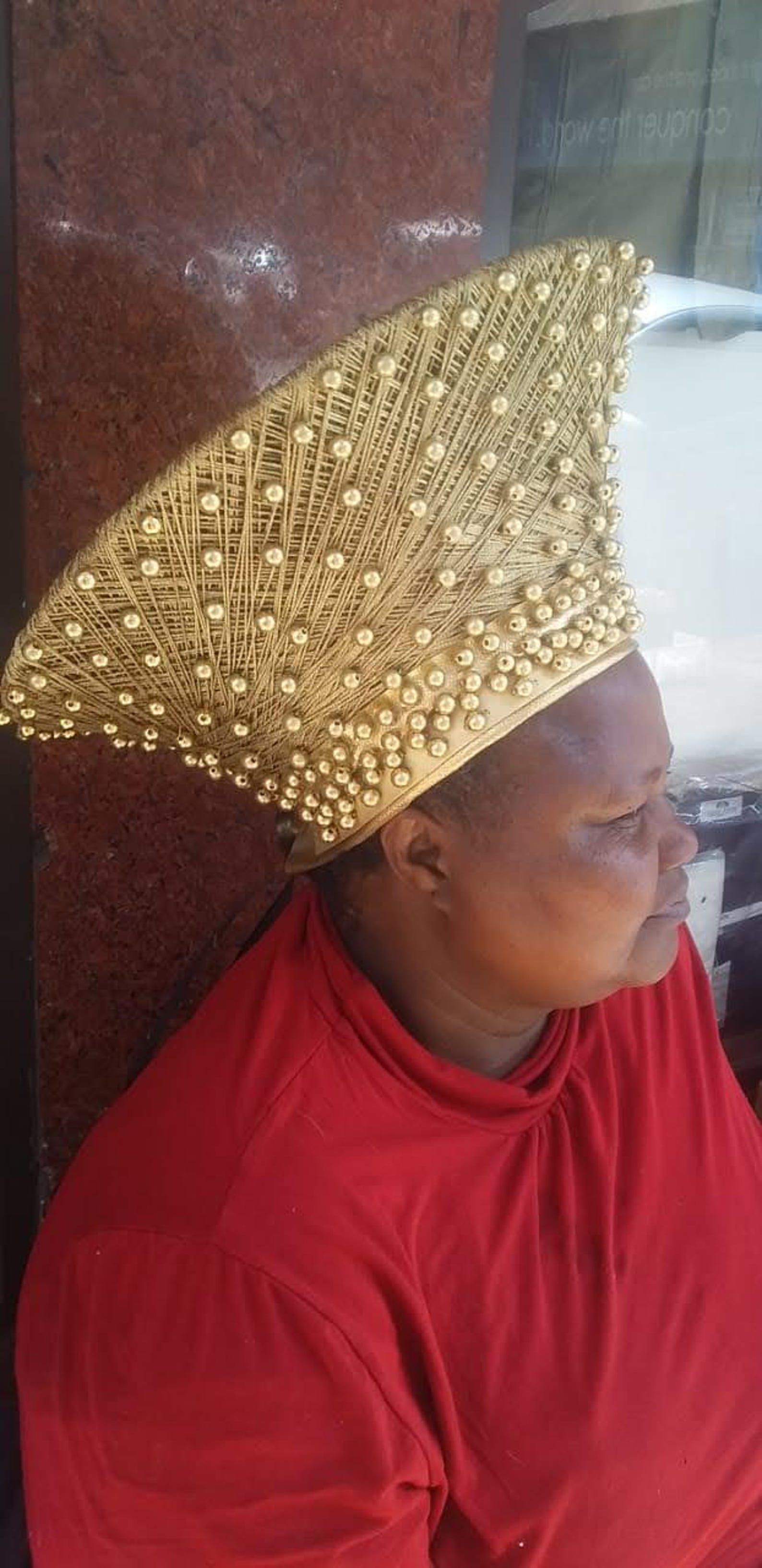 Rare 3-in-1 Woven RED Zulu Isicholo Hat With Gold Pearls, Necklace ...
