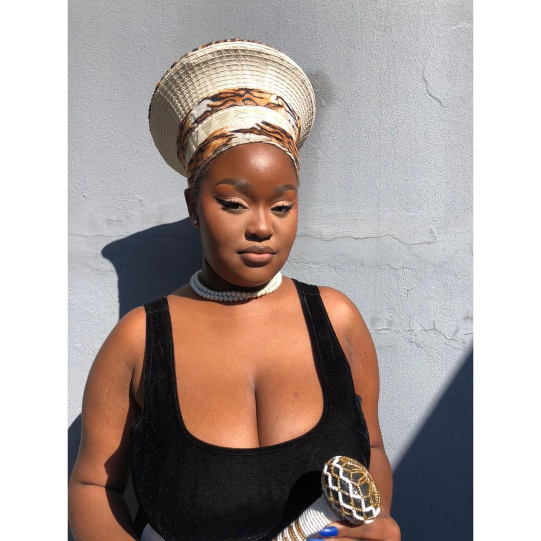 Zulu Hat | Medium Zulu Hat | African Hat | Isicholo | African Bucket Hat | White and Brown Zulu ...