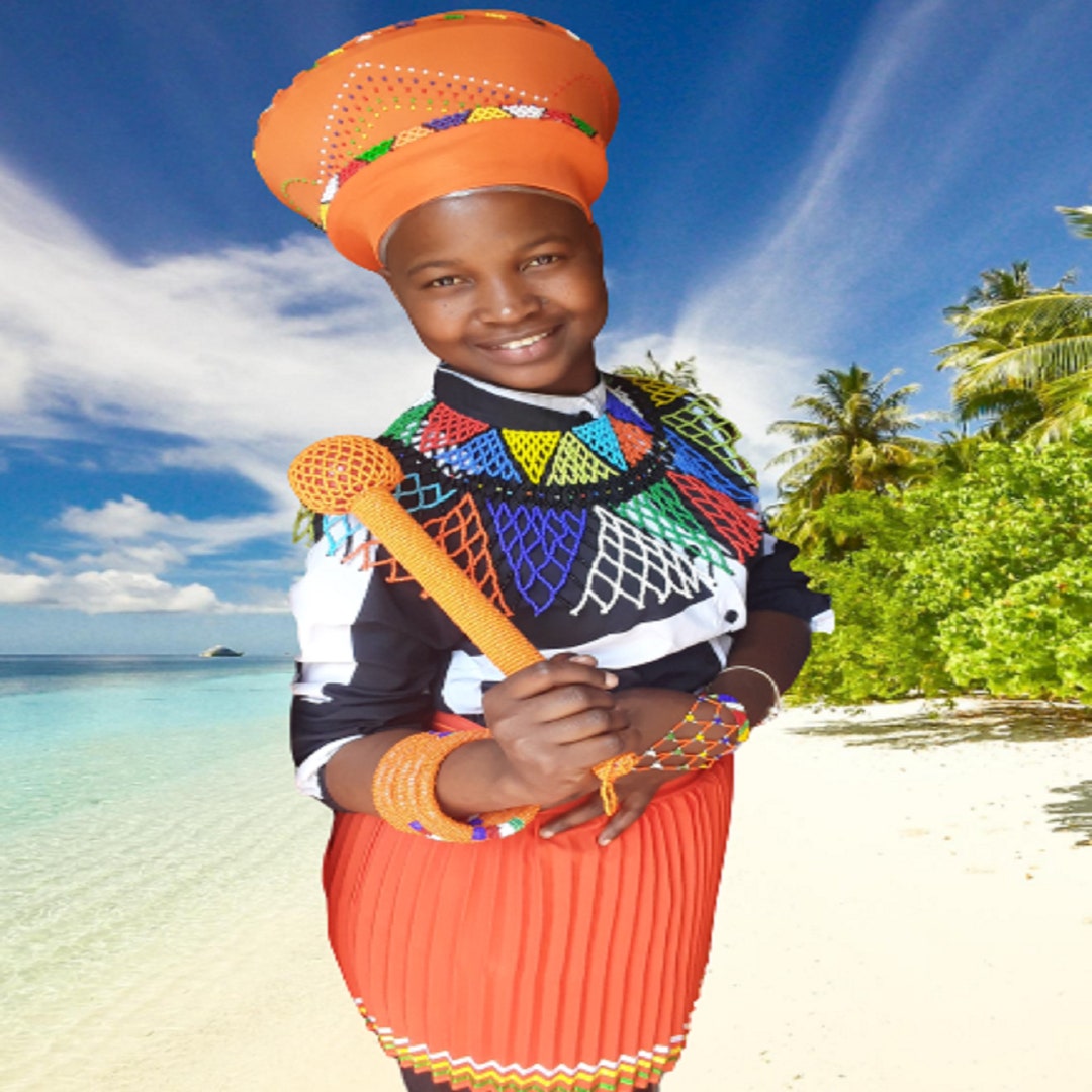 6 in 1 Orange Pleated Traditional Zulu Skirt, Necklace, Hat and Glove ...
