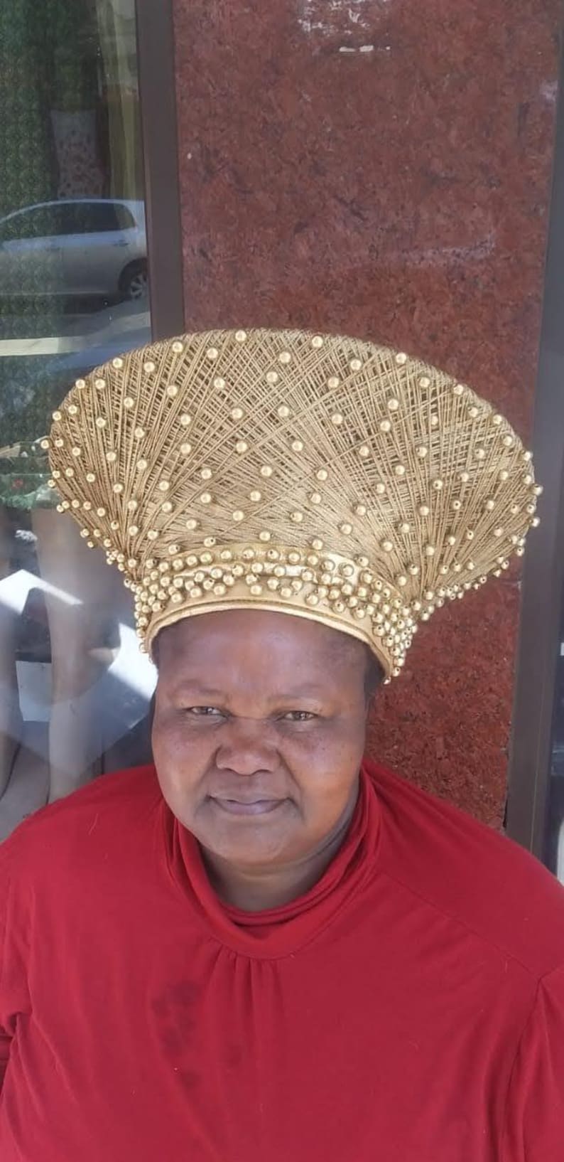 Rare 3-in-1 Woven Gold Zulu Isicholo Hat With Gold Pearls, Necklace ...