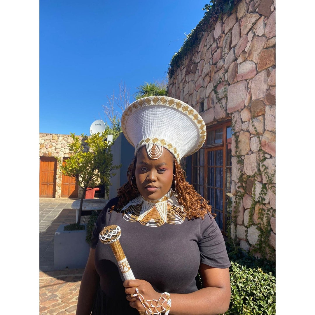 4 in 1 White and Gold Zulu Hati Large Zulu Hat african Hat Isicholo ...