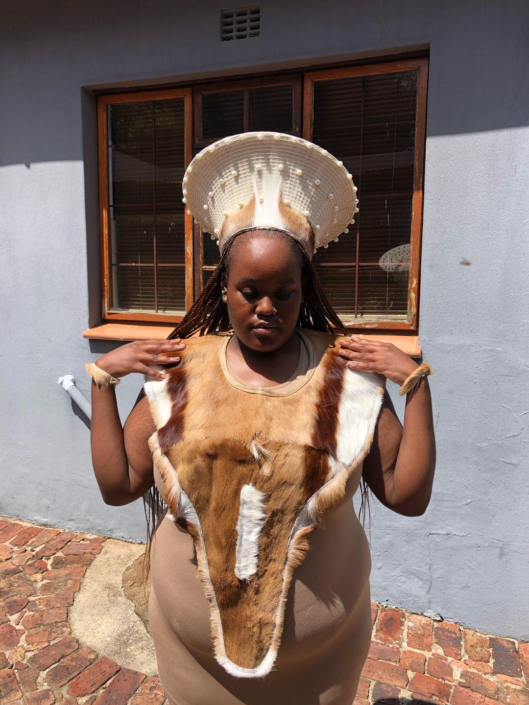 Real Springbok Skin 3-piece Set – Beige Isicholo Zulu African Crown Hat ...