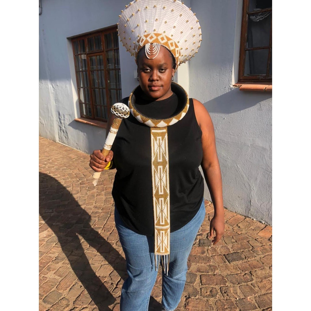 4 in 1 Gold and White Isicholo Zulu Hat, Ndebele Isigolwani Hoop Set ...