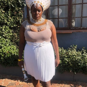 White and Gold Zulu Isicholo Hat Set With Skirt, Necklace, Knobkerrie ...