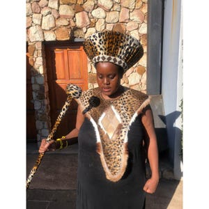 Leopard Print Zulu Isicholo Hat, Beaded Chestguard & 90cm Knobkerrie ...