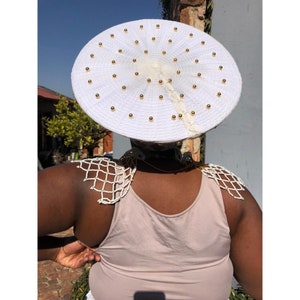 White and Gold Zulu Isicholo Hat Set With Skirt, Necklace, Knobkerrie ...