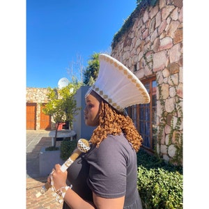 4 in 1 White and Gold Zulu Hati Large Zulu Hat african Hat Isicholo ...