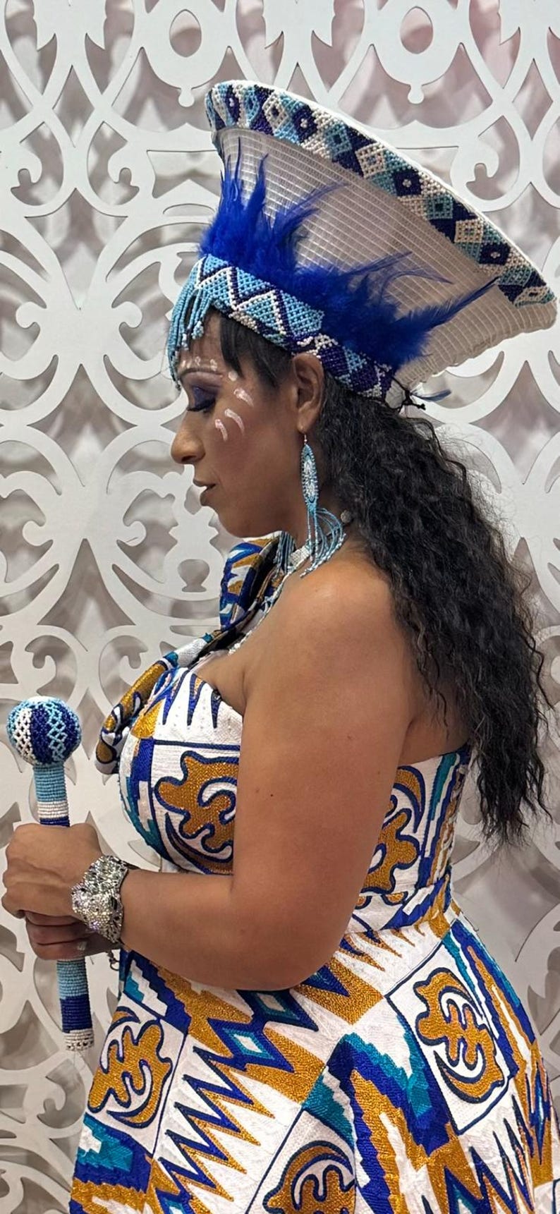 4 Piece Blue & White Zulu Hat Set | Isicholo Crown Hat, Beaded Stick ...