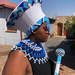 4 in 1 Blue and White Zulu Isicholo Hat Set| Traditional African ...